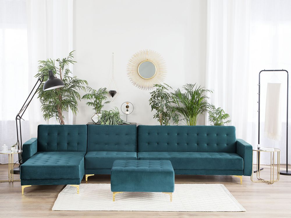 Right Hand Modular Velvet Sofa with Ottoman Teal ABERDEEN Beliani