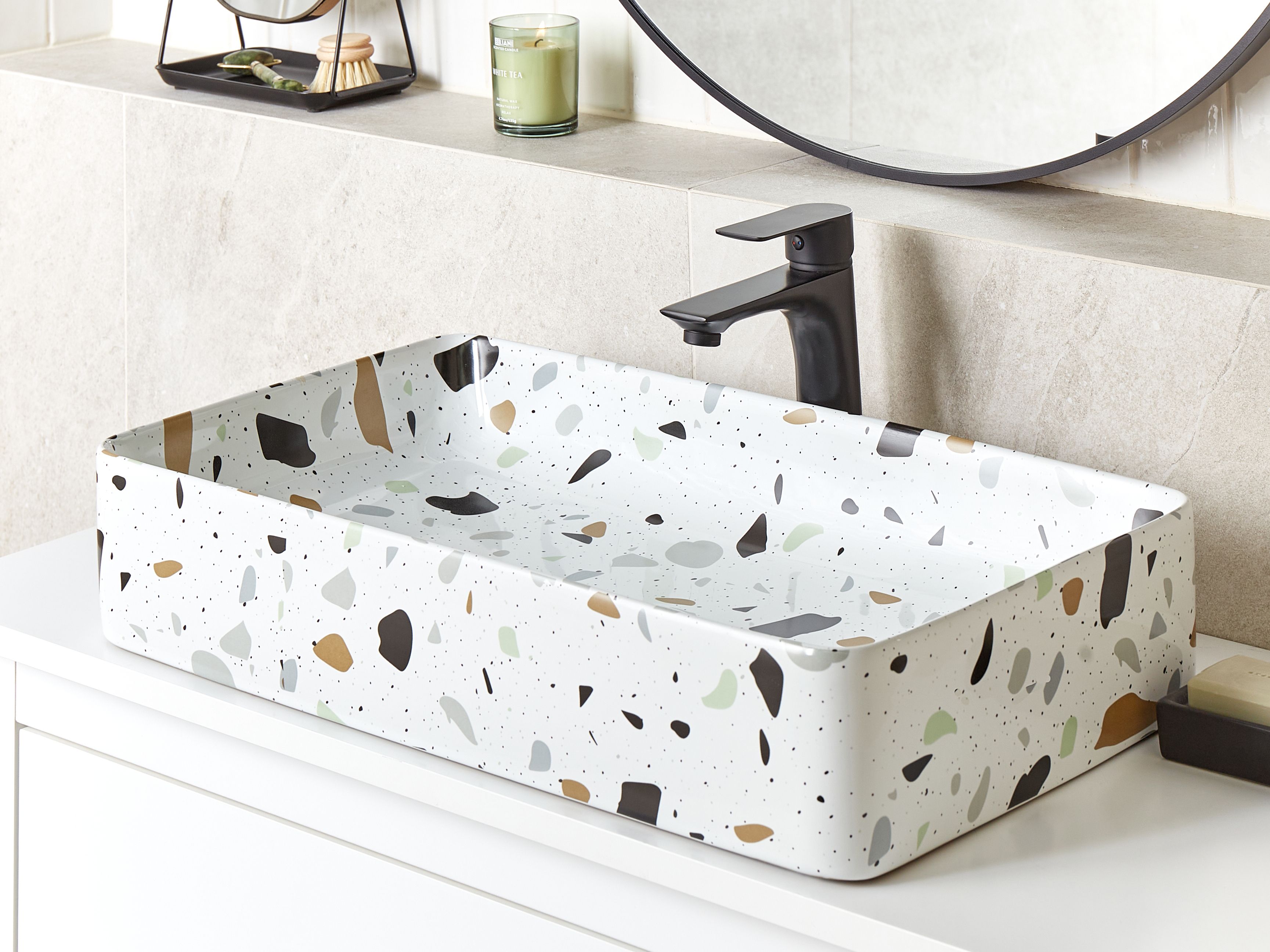 Ceramic Countertop Basin 510 x 340 mm White Terrazzo Effect NULES ...