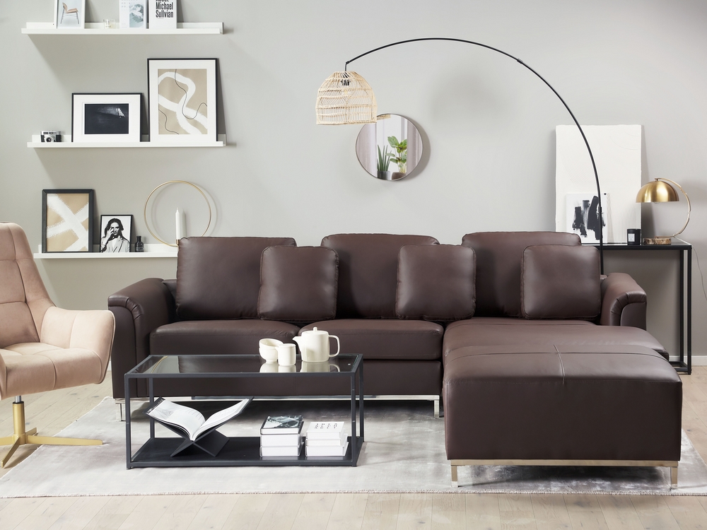 Left Hand Leather Corner Sofa with Ottoman Brown OSLO Beliani