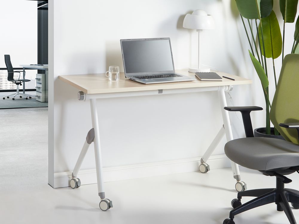 Folding Office Desk with Casters 120 x 60 cm Light Wood and White BENDI Beliani