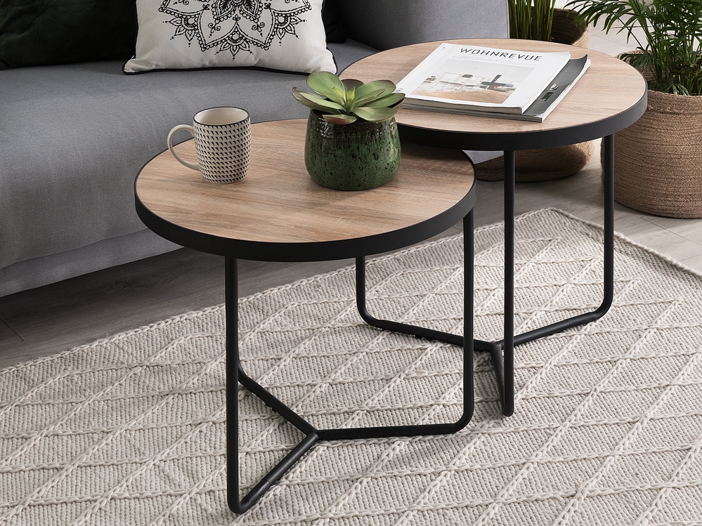 Set of 2 Coffee Tables Light Wood with Black MELODY Small and Medium Beliani