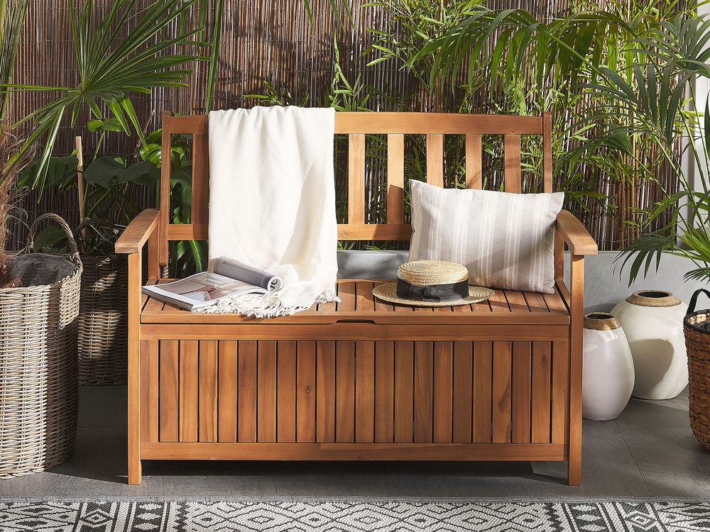 Garden Bench SOVANA 120 cm with Storage Acacia Wood Light Wood Beliani