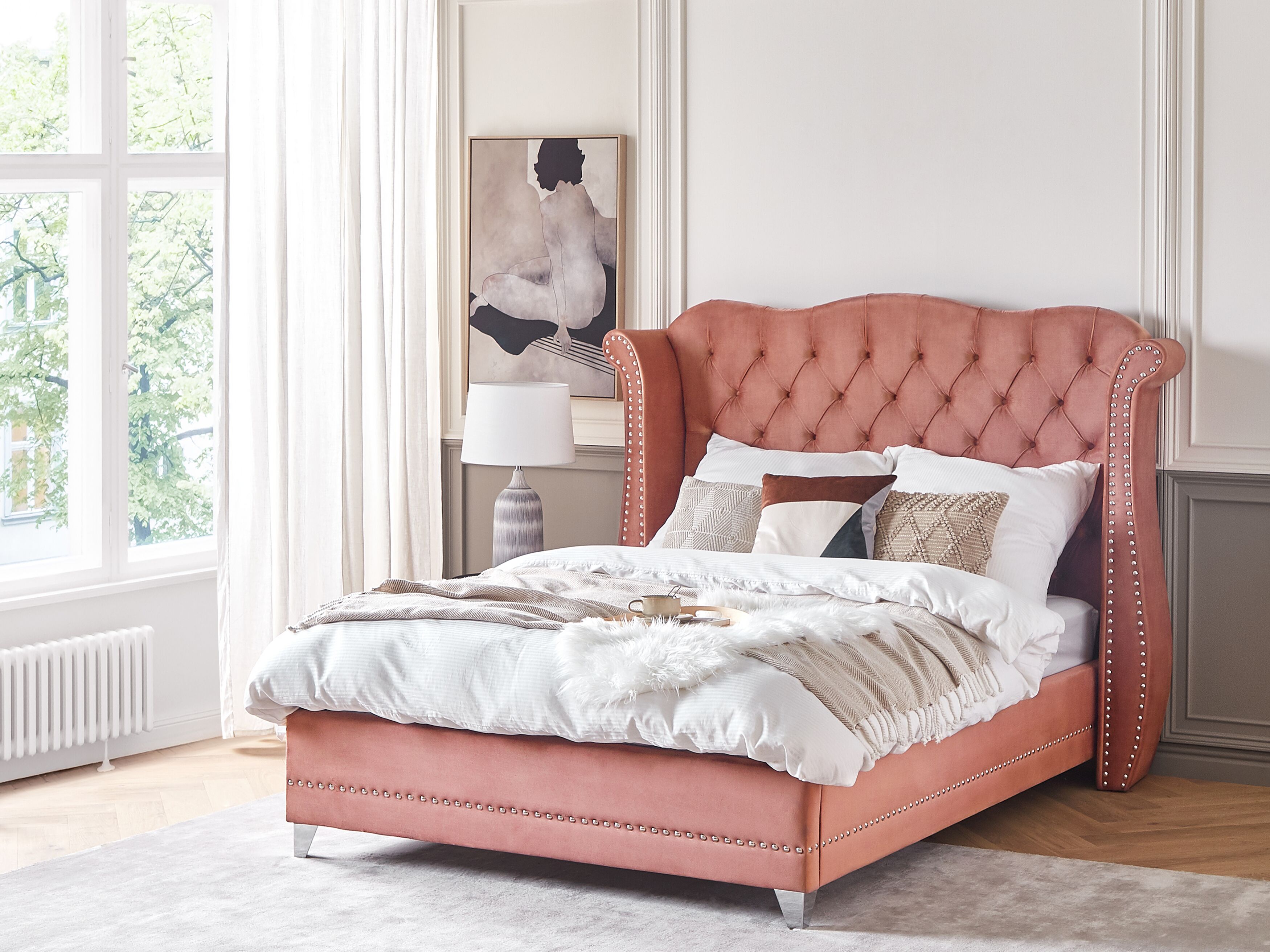 Lit double en velours rose 140 x 200 cm AYETTE | Beliani.fr