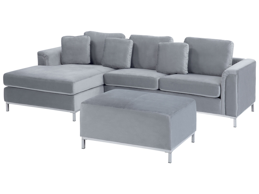 Right Hand Velvet Corner Sofa with Ottoman Light Grey OSLO Beliani