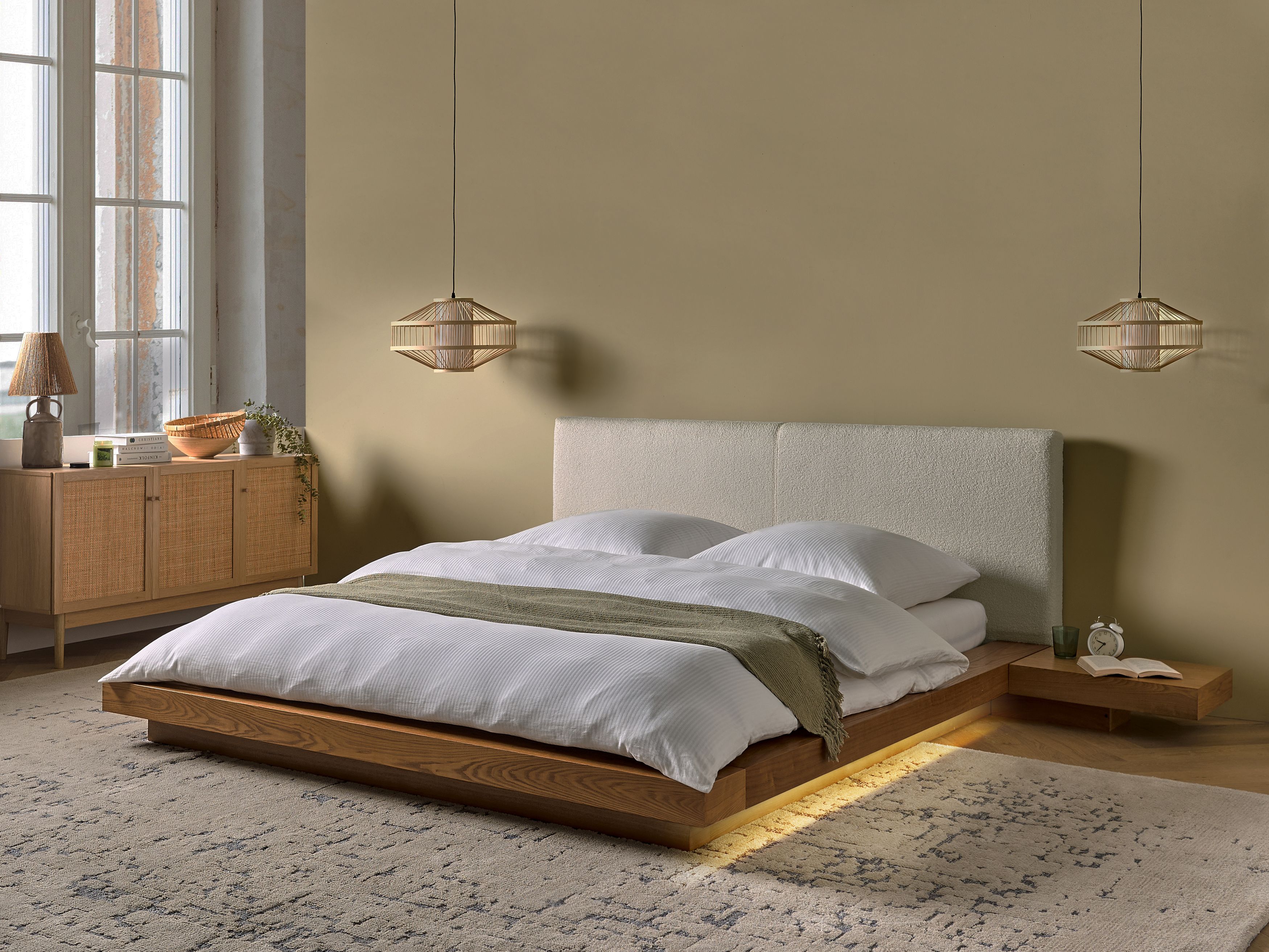 Łóżko LED Boucle ZEN 160 x 200 cm LED Jesion naturalny | Beliani.pl