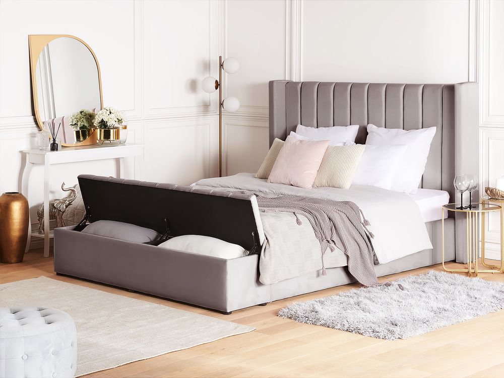 Bed with Storage Bench Velvet NOYERS 180 x 200 cm EU Super King Grey Beliani