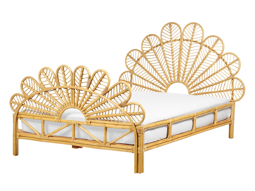 Rattan Peacock EU Double Bed Light Wood FLORENTINE Beliani
