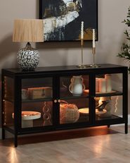 Glass Display Cabinet LED NEWPORT Metal 115 cm Black | Beliani.co.uk