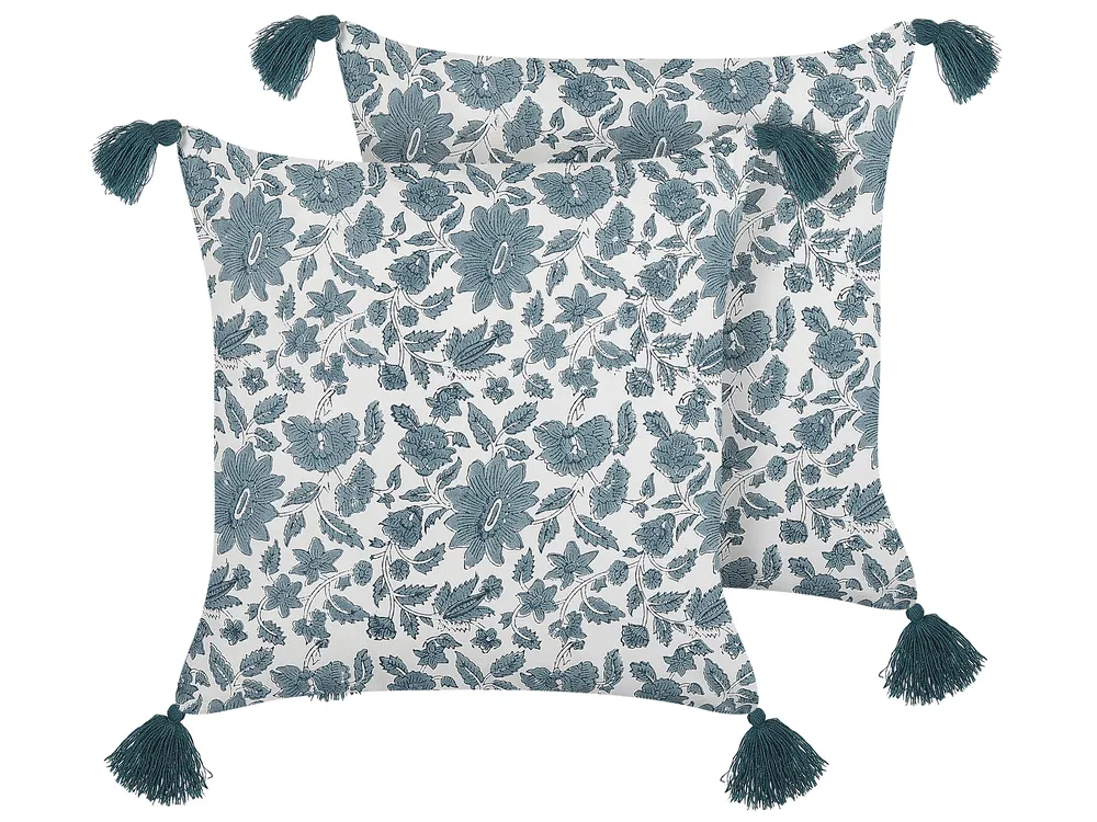 Set of 2 Decorative Cushions AMOENA Cotton 45 x 45 cm Blue Floral ...