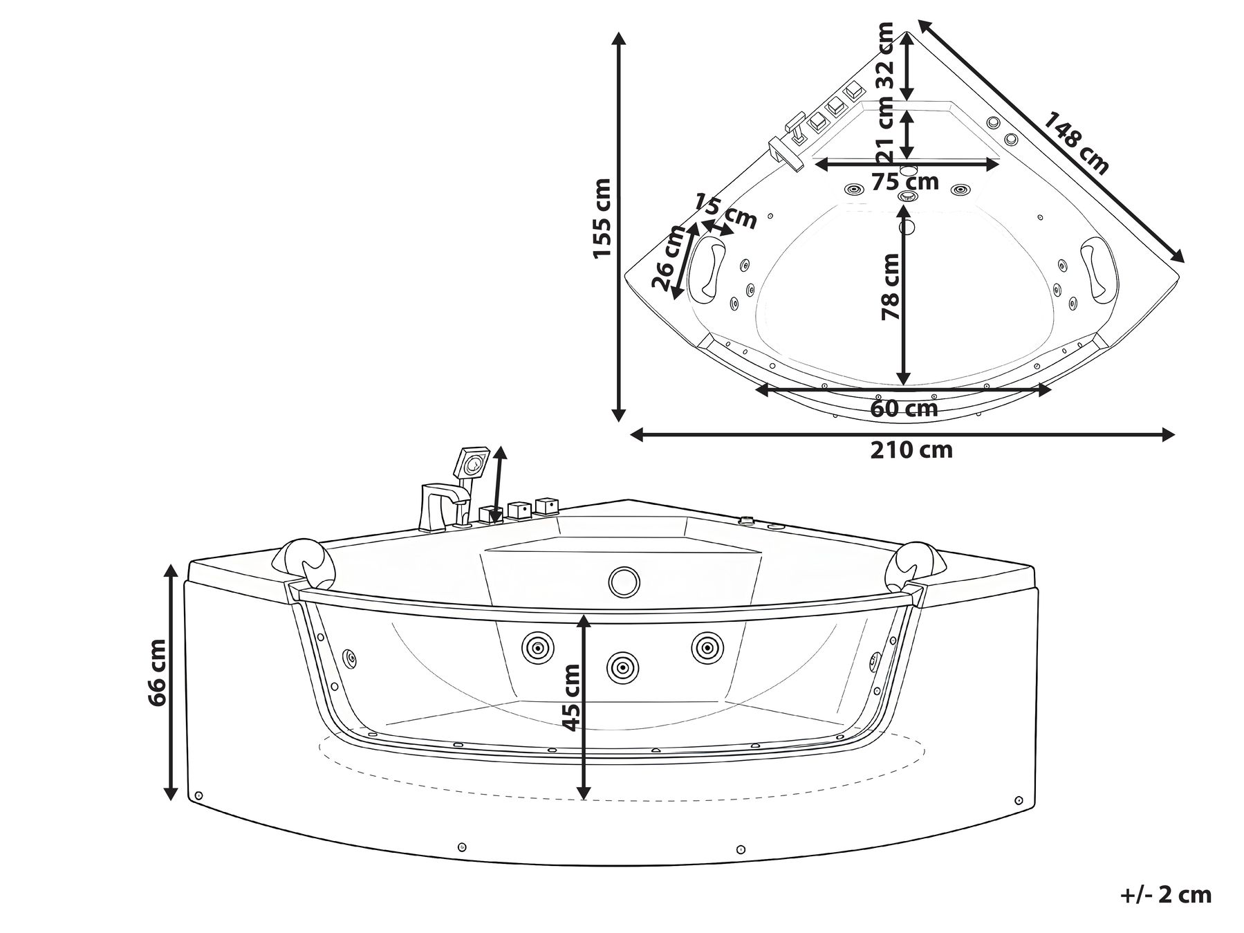 Corner Hot Tub with LED TAMULA 1480 x 660 mm White | Beliani.co.uk