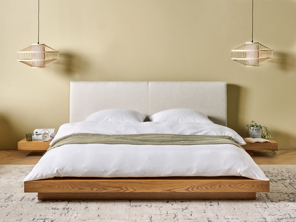Bed Boucle ZEN 160 x 200 cm EU King Size Natural Ash Wood Beliani