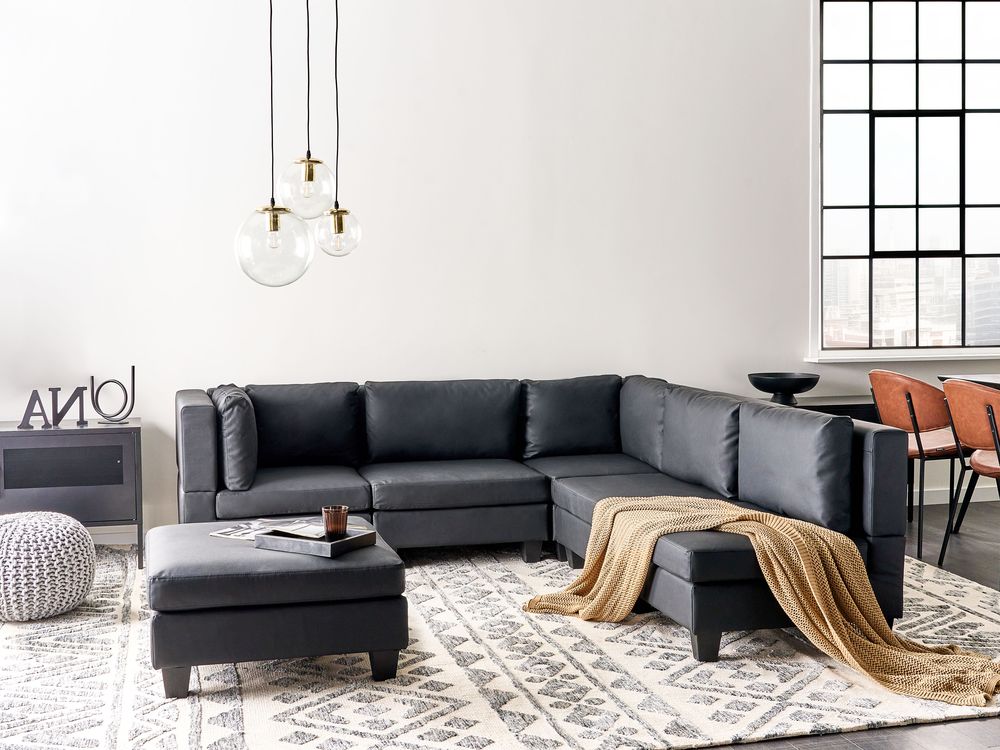5 Seater Left Hand Modular Faux Leather Corner Sofa with Ottoman Black UNSTAD Beliani