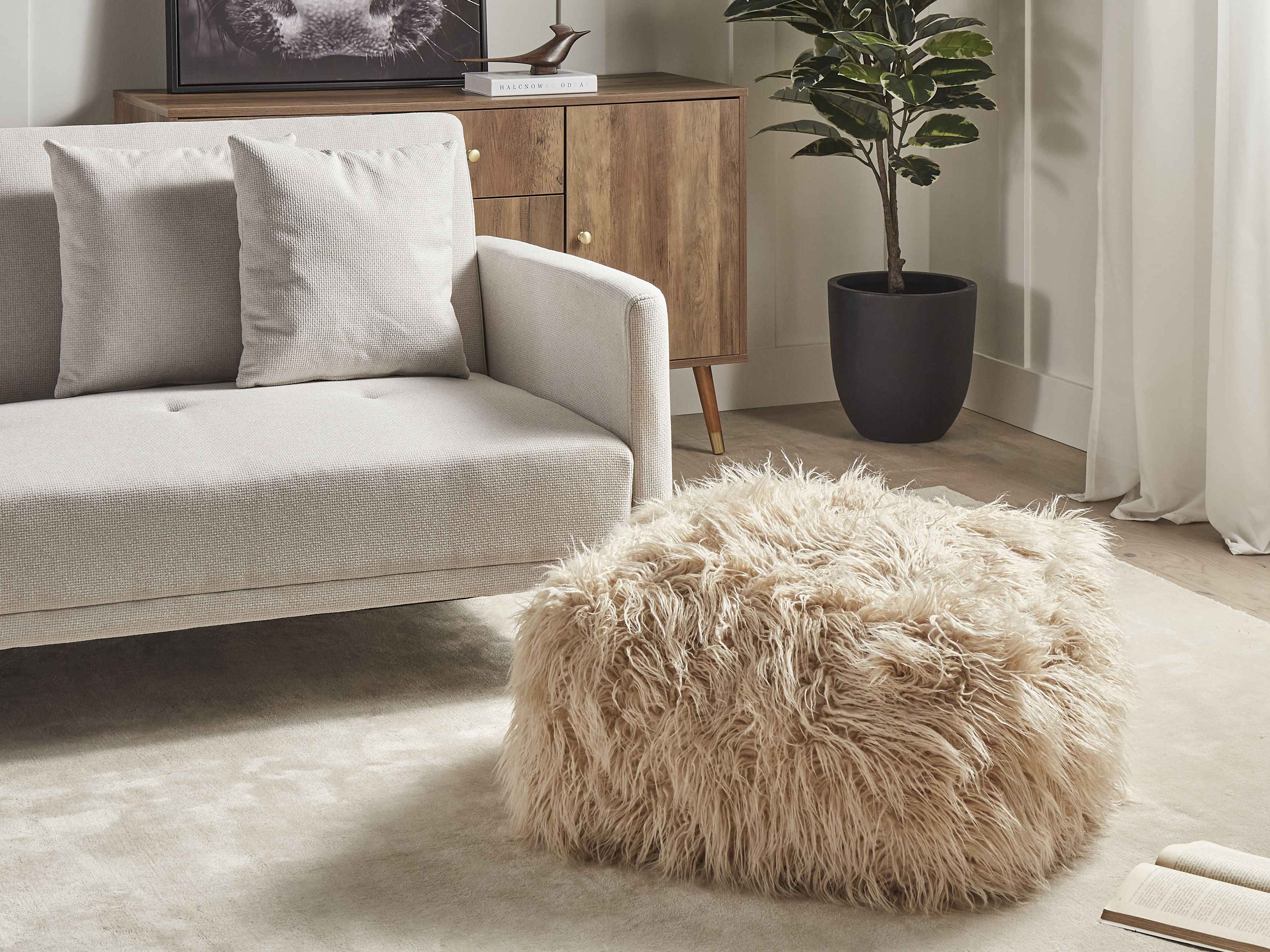 Faux Fur Pouffe Beige MUKKI | Beliani.co.uk