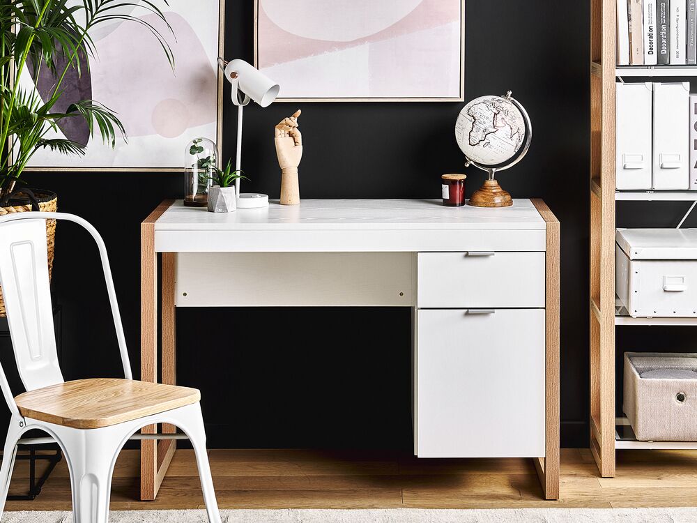 1 Drawer Home Office Desk with Cupboard 110 x 50 cm White with Light Wood JOHNSON Beliani