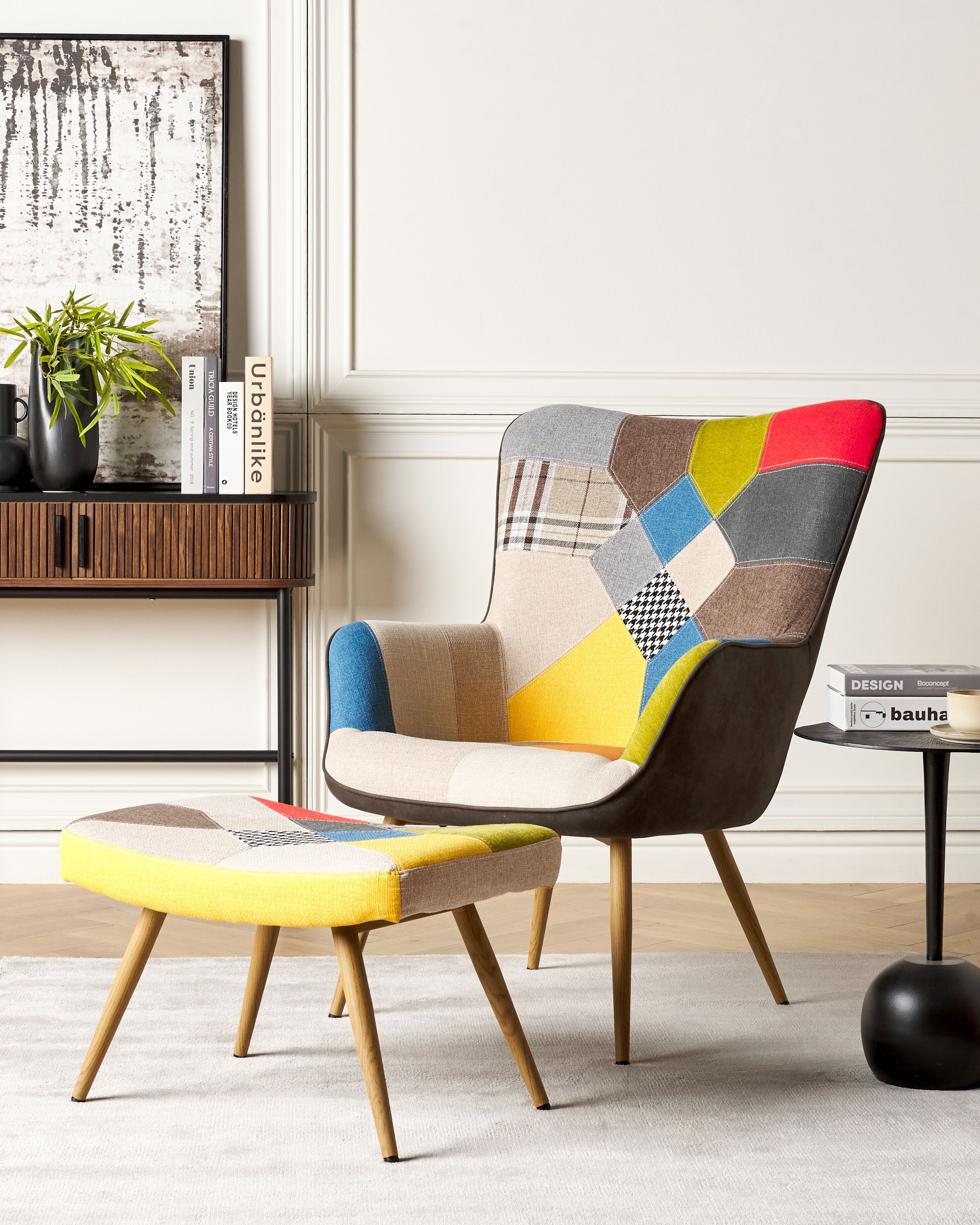 Wingback Chair VEJLE with Footstool Fabric Multicolour | Beliani.co.uk