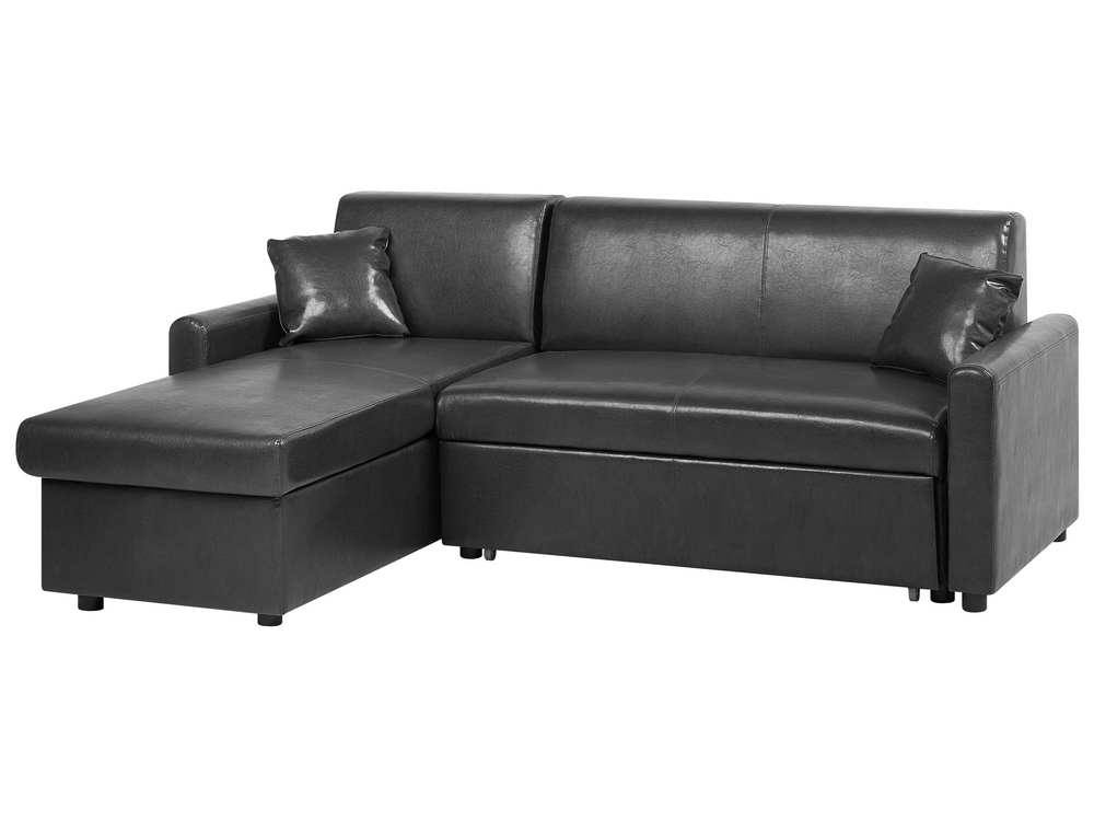 Right Hand Faux Leather Corner Sofa Bed with Storage Black OGNA Beliani
