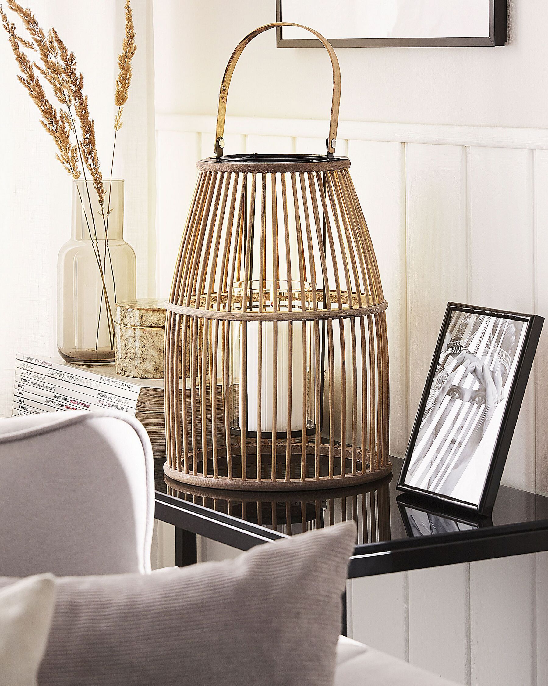 Bamboo Candle Lantern 32 cm Beige HOSTE | Beliani.co.uk