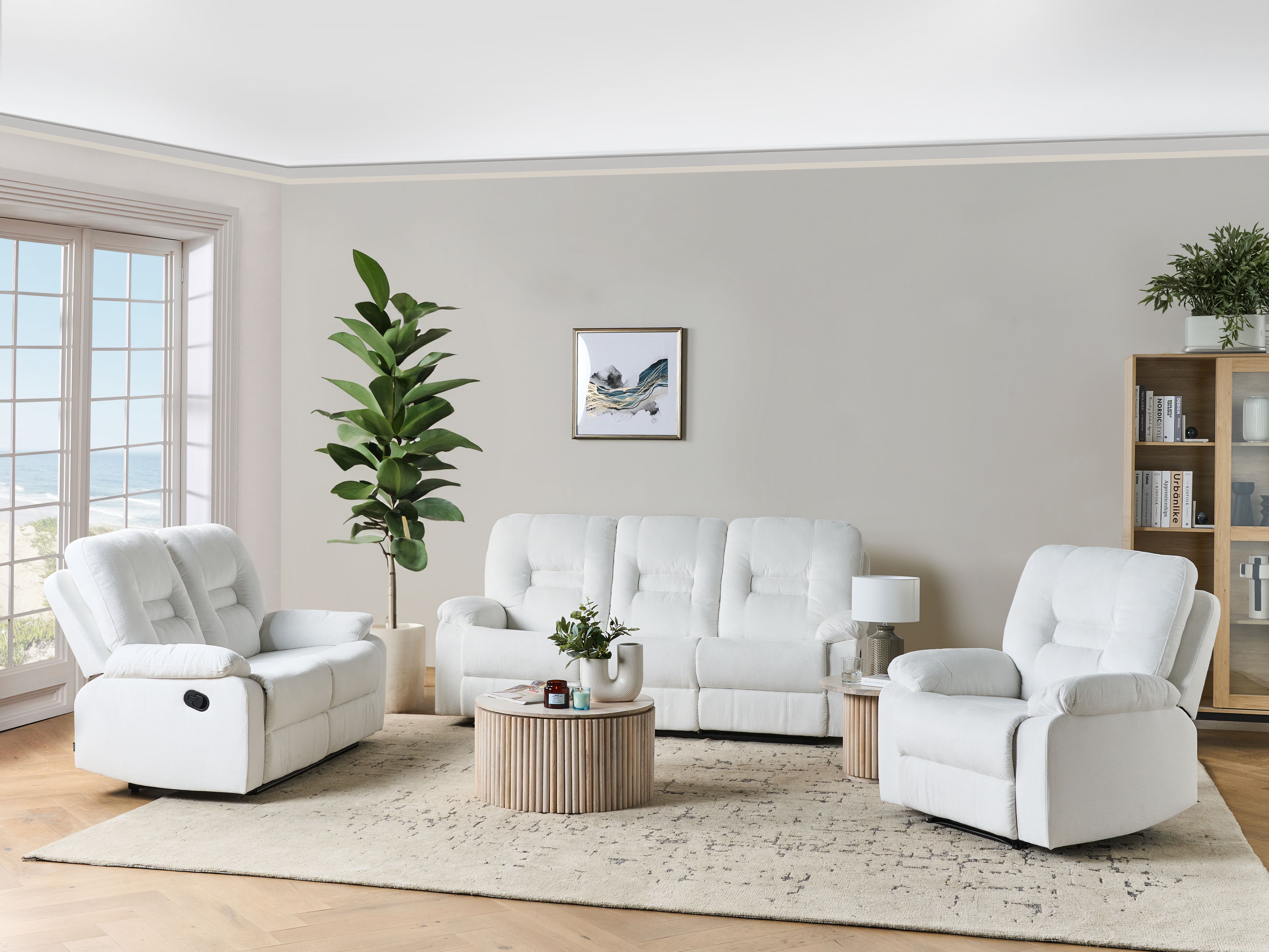 Canapé relax manuel 3 places BERGEN Tissu Blanc | Beliani.fr