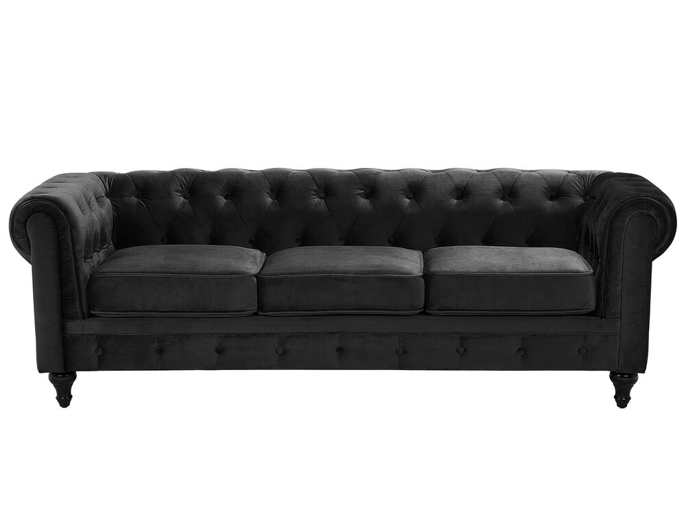3 Seater Velvet Fabric Sofa Black CHESTERFIELD Beliani