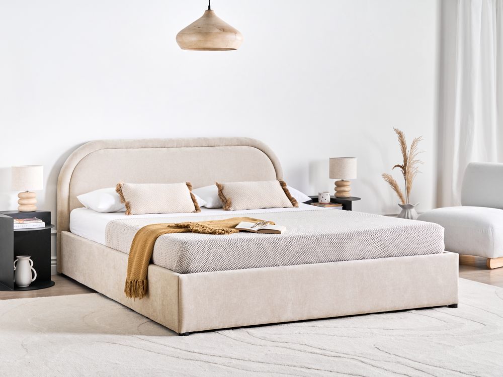 Bett mit Stauraum Chenillegewebe QUILLIEN 160 x 200 cm Taupe | Beliani.at