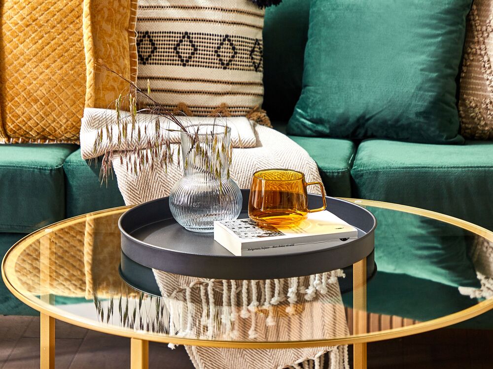 Glass Top Coffee Table with Shelf Gold with Dark Wood LIBBY Beliani