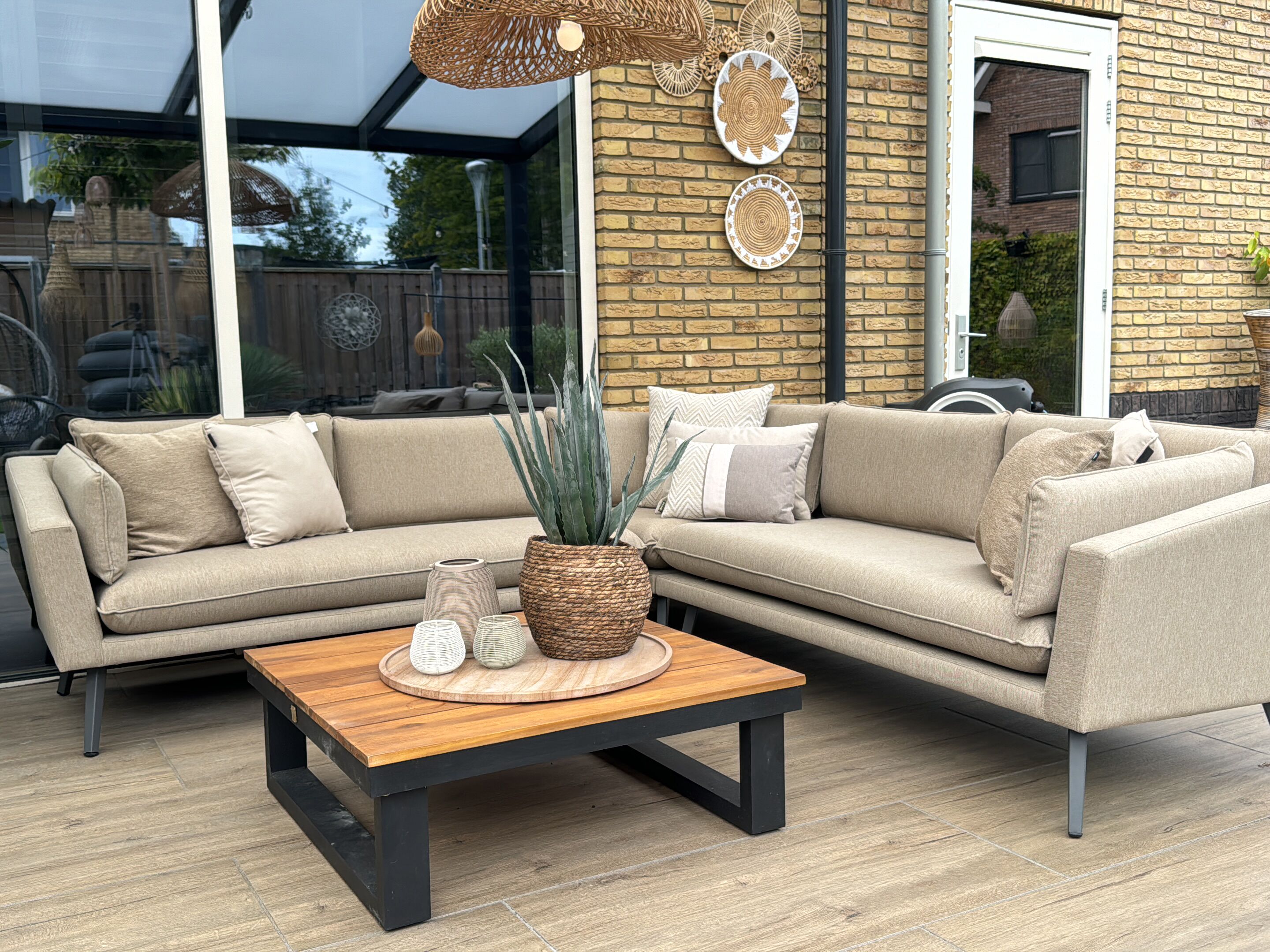 Outdoor Upholstered Sofa Garden Sofa LORETELLO Polyester Beige ...