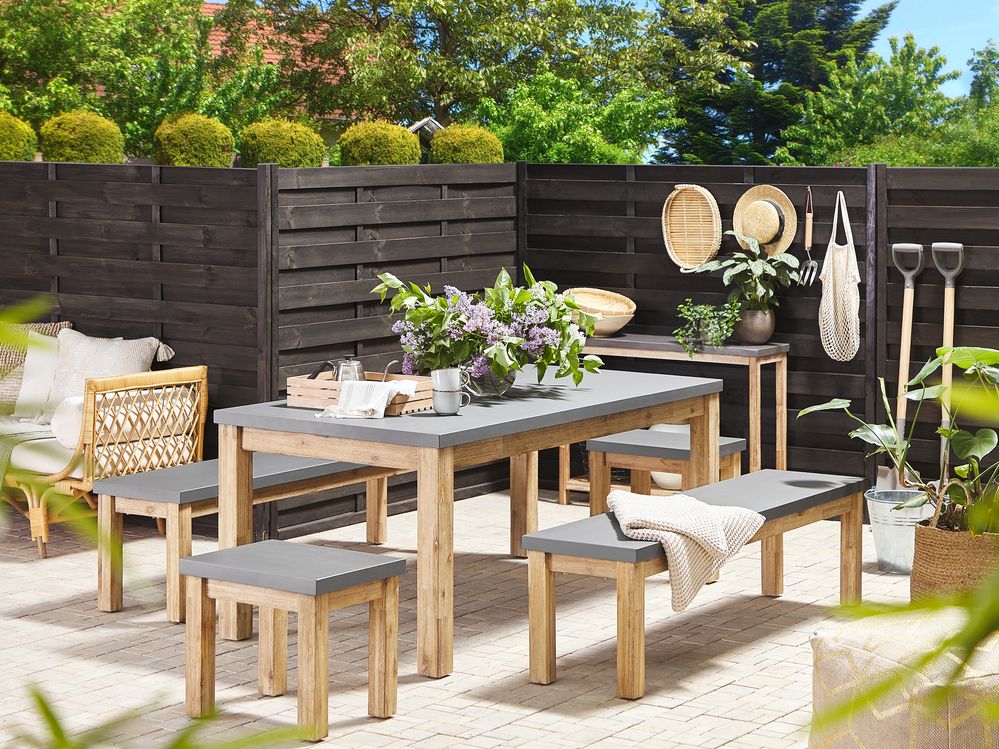 8 Seater Concrete Garden Dining Set 2 Benches and 2 Stools Grey OSTUNI Beliani