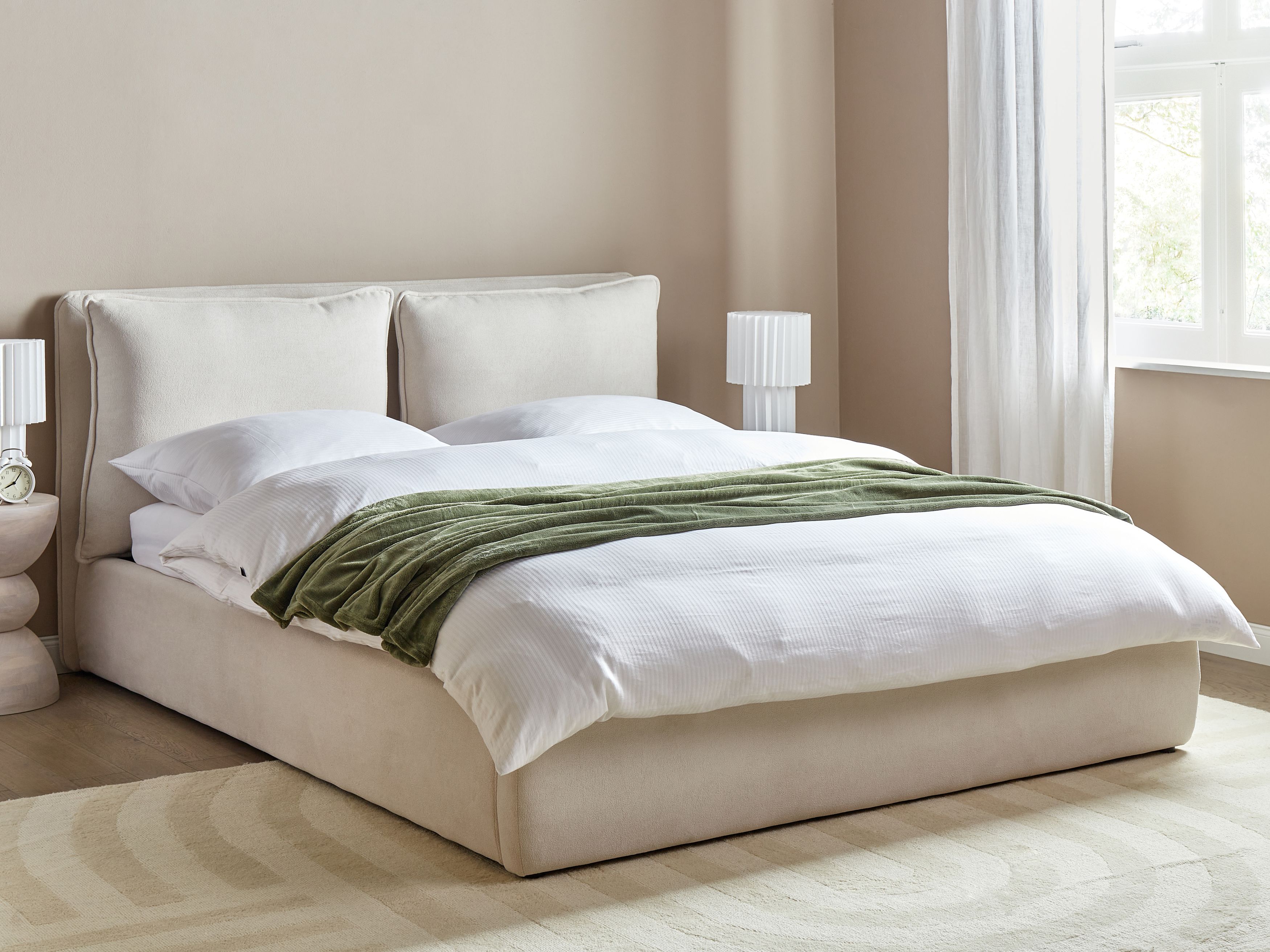 Fabric EU King Size Ottoman Bed Light Beige BAJONNA | Beliani.co.uk