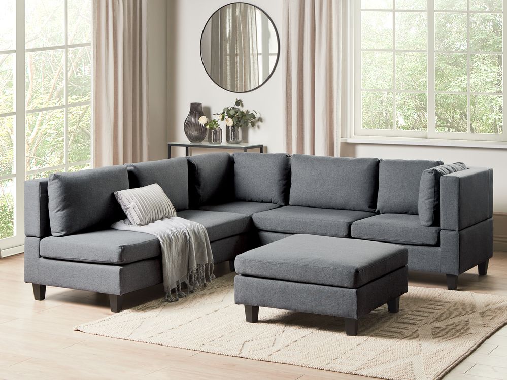 5 Seater Left Hand Modular Fabric Corner Sofa with Ottoman Dark Grey UNSTAD Beliani