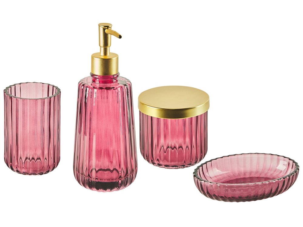 Glass 4 Piece Bathroom Accessories Set Pink CARDENA Beliani