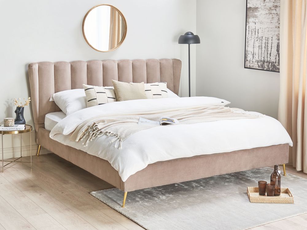 Velvet EU Super King Size Bed with USB Port Taupe MIRIBEL Beliani