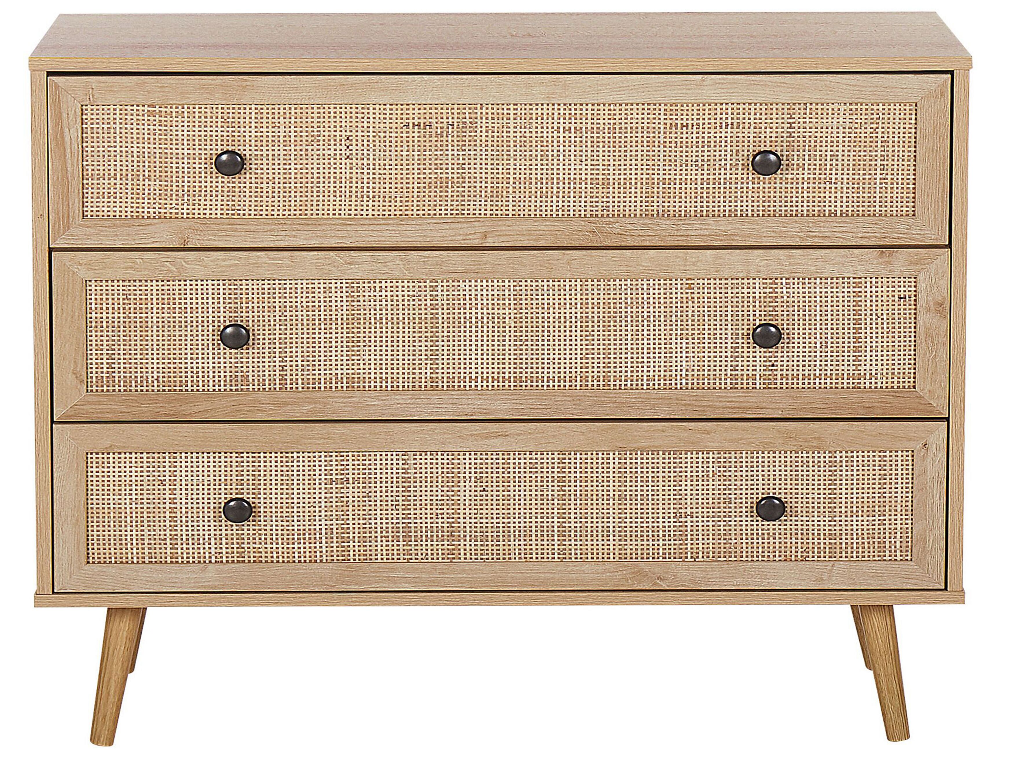 Rattan 3 Drawer Chest Light Wood PONCA | Beliani.co.uk