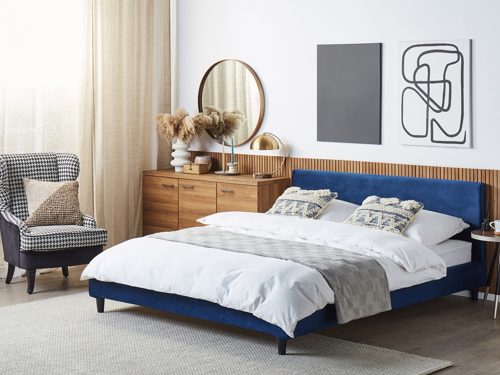 Bed Velvet FITOU 180 x 200 cm EU Super King Dark Blue Beliani