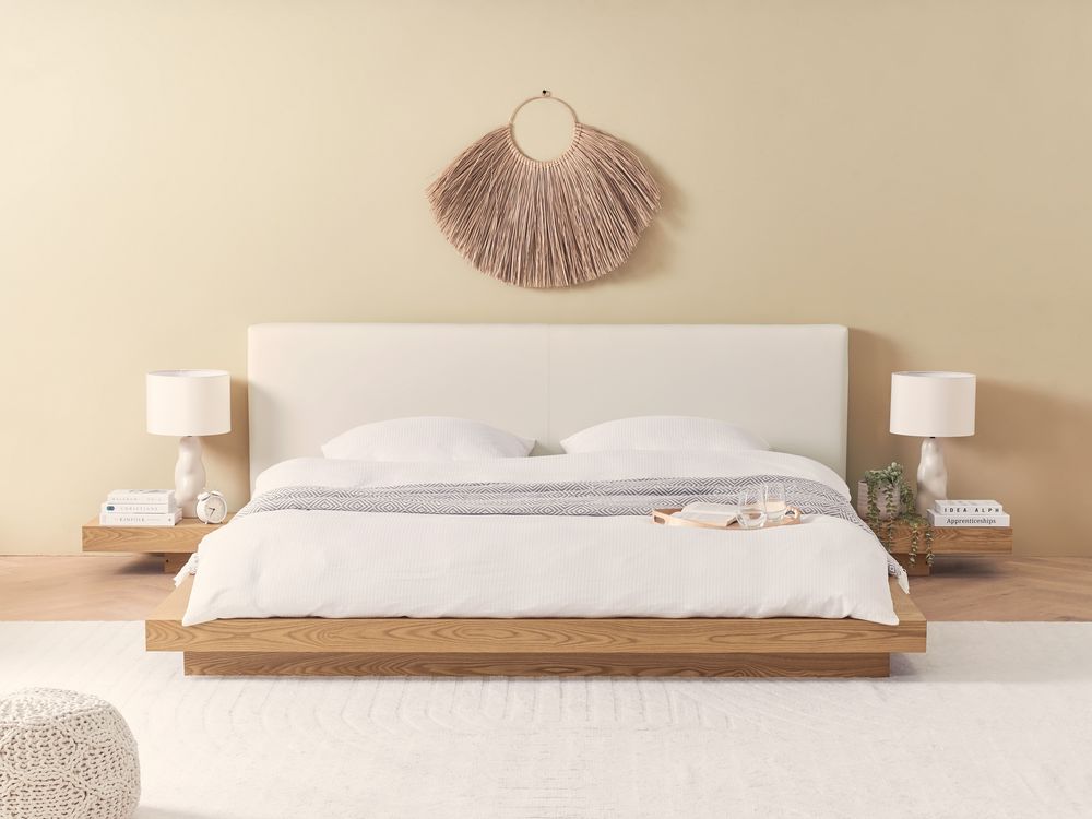 Bed with LED Faux Leather ZEN 180 x 200 cm EU Super King Natural Ash Wood Beliani