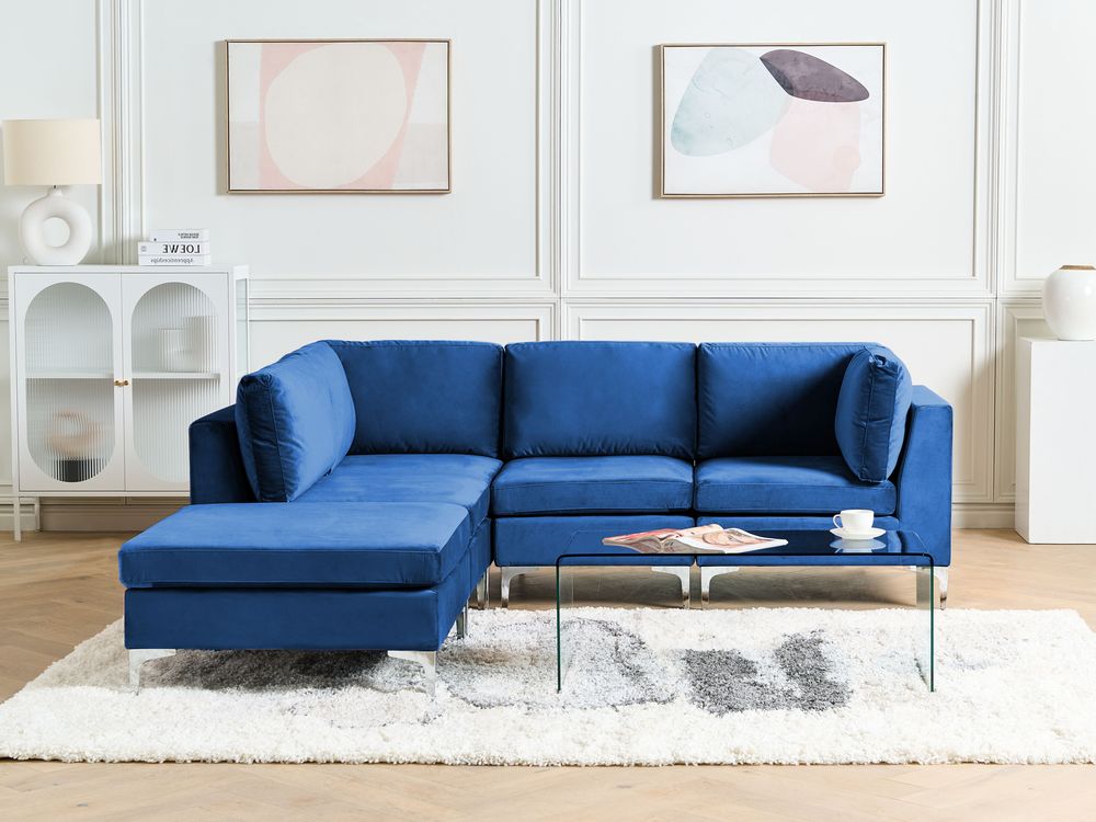 Right Hand 4 Seater Modular Velvet Corner Sofa with Ottoman Blue EVJA Beliani