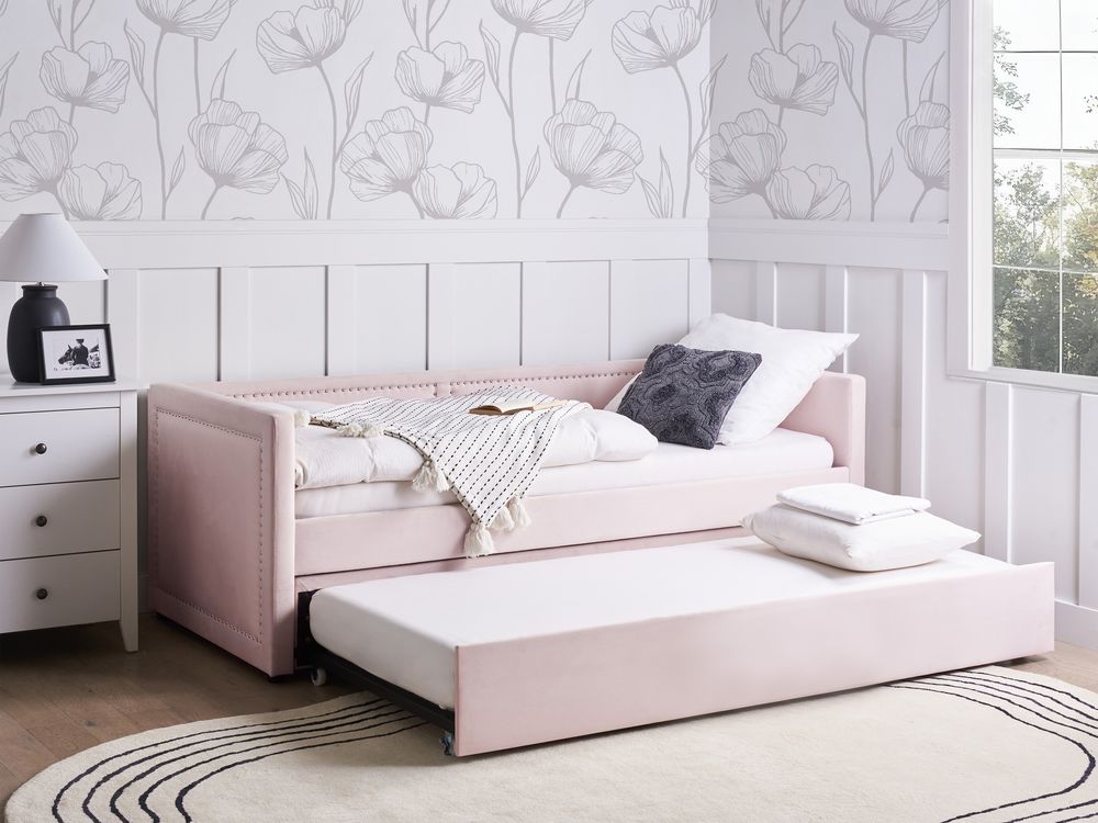 Bett mit Stauraum ohne Kopfteil Bouclé DINAN 90 x 200 cm Pastellrosa ...