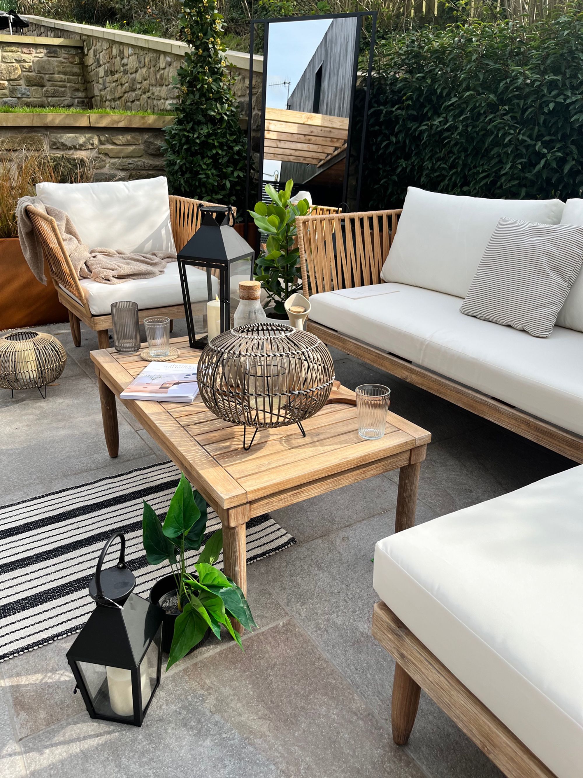 Zestaw ogrodowy drewno akacjowe 4-osobowy prawostronny złamana biel ...