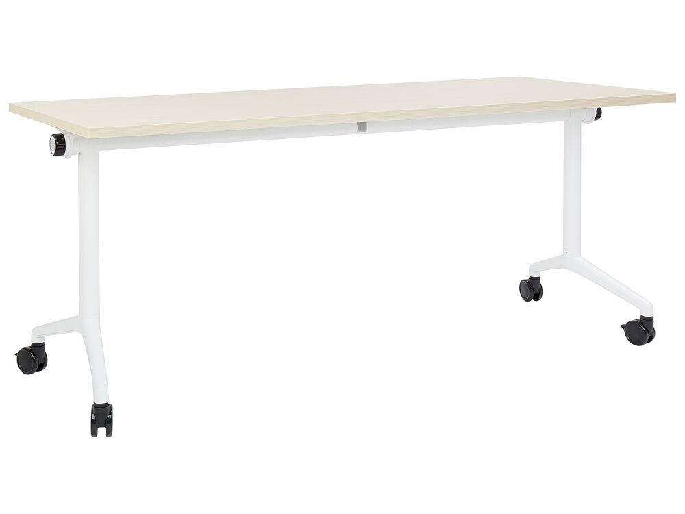 Folding Office Desk with Casters 180 x 60 cm Light Wood and White CAVI Beliani