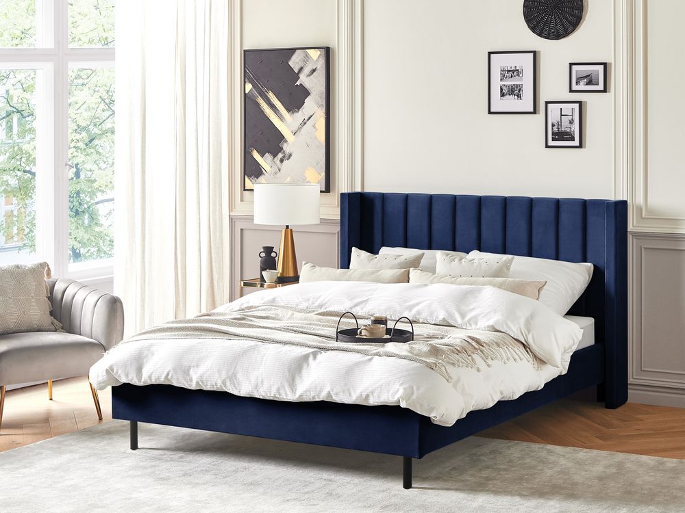 Bed Velvet VILLETTE 160 x 200 cm EU King Size Navy Blue Beliani