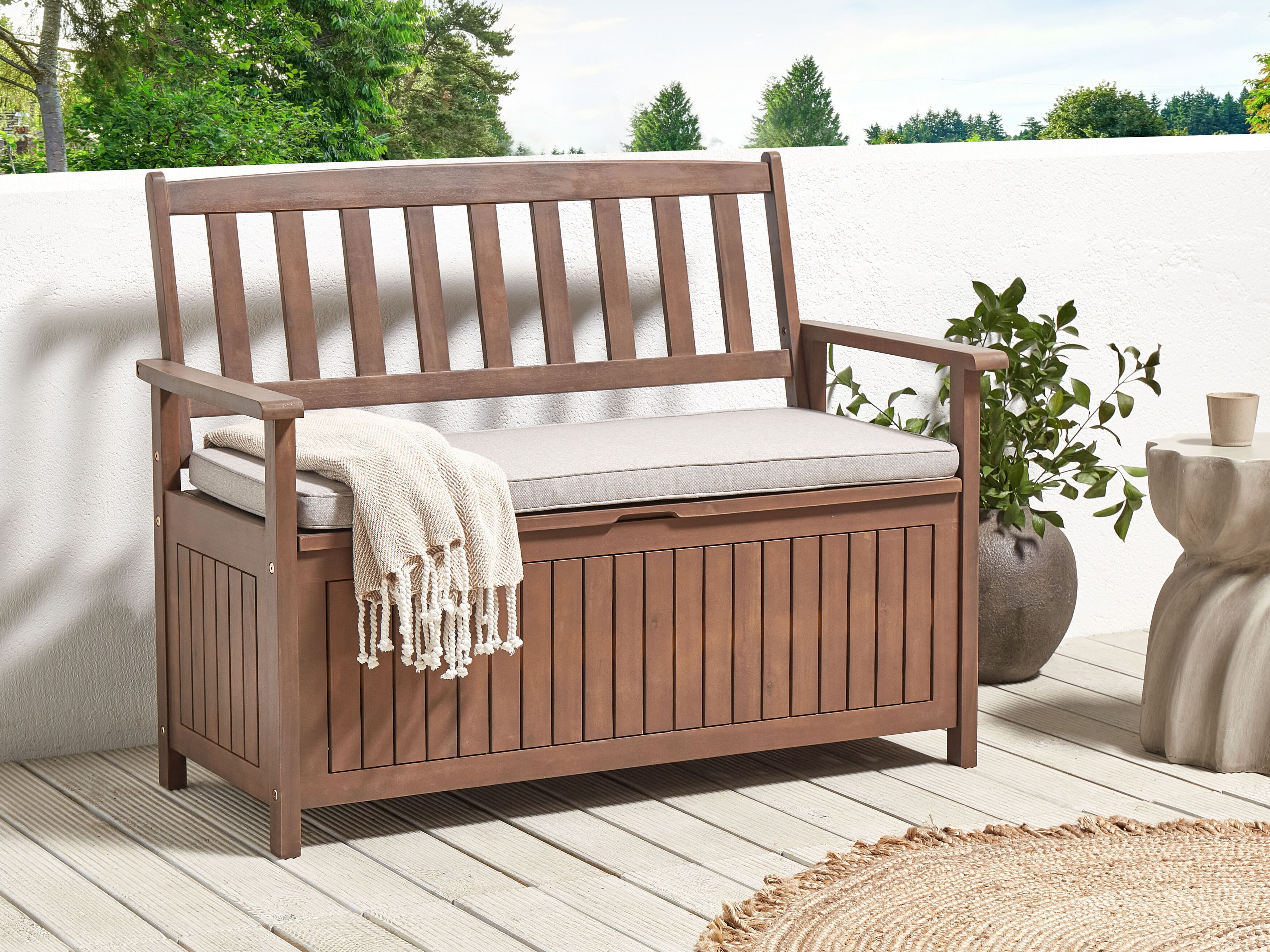 Banc avec coussin d'assise SOVANA 120 cm avec rangement Acacia Gris ...