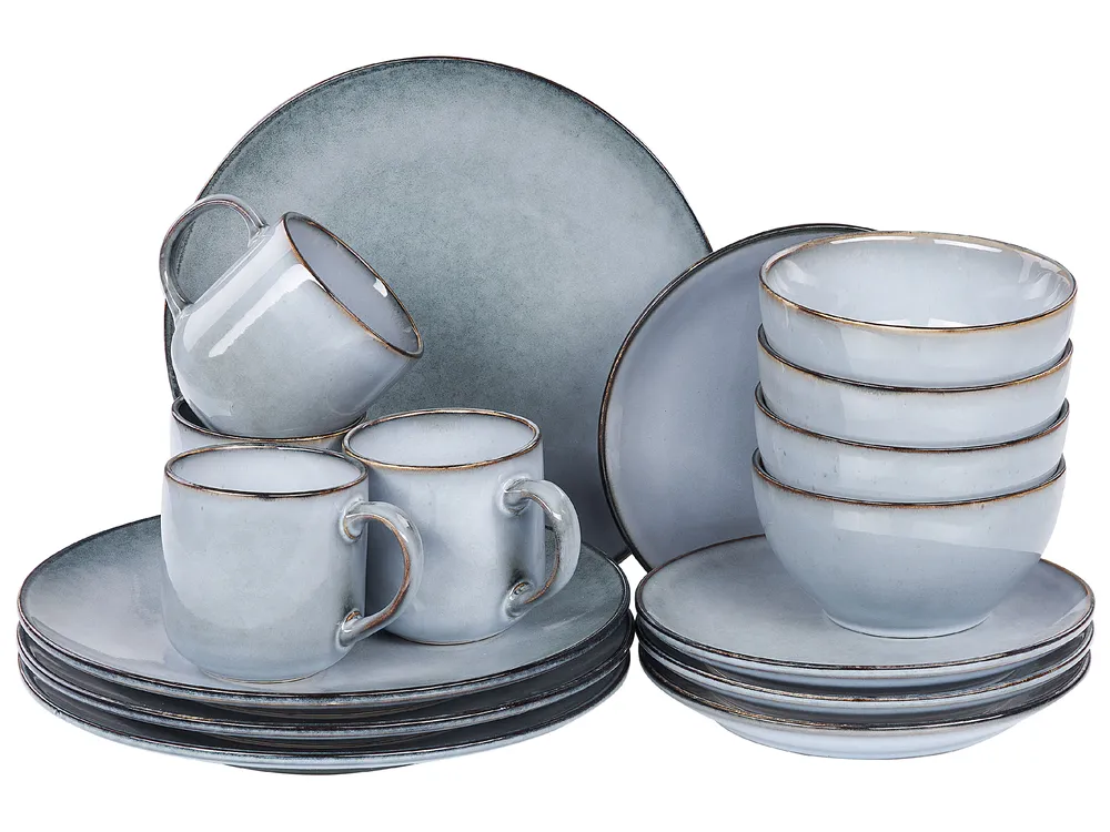 Set of 16 Dinnerware JUNIPER Stoneware Light Blue | Beliani.co.uk