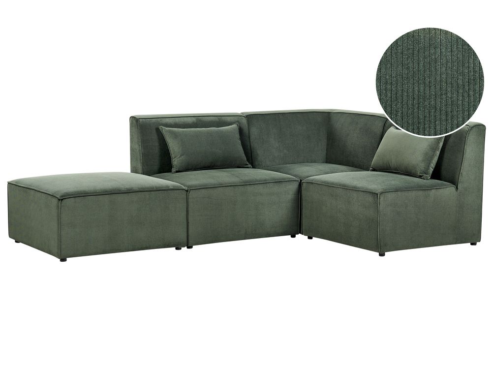 Left Hand 3 Seater Modular Jumbo Cord Corner Sofa with Ottoman Dark Green LEMVIG Beliani