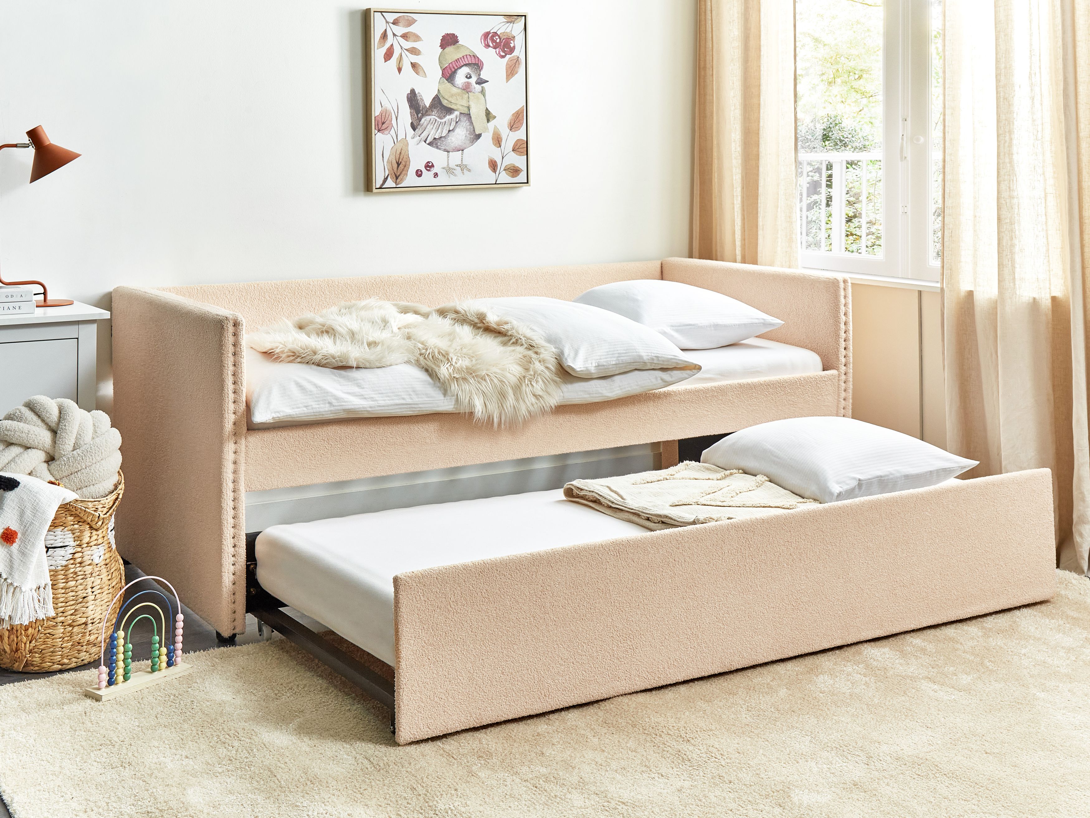 Trundle Bed Boucle TROYES 90 x 200 cm (EU Single) Peach Pink | Beliani ...