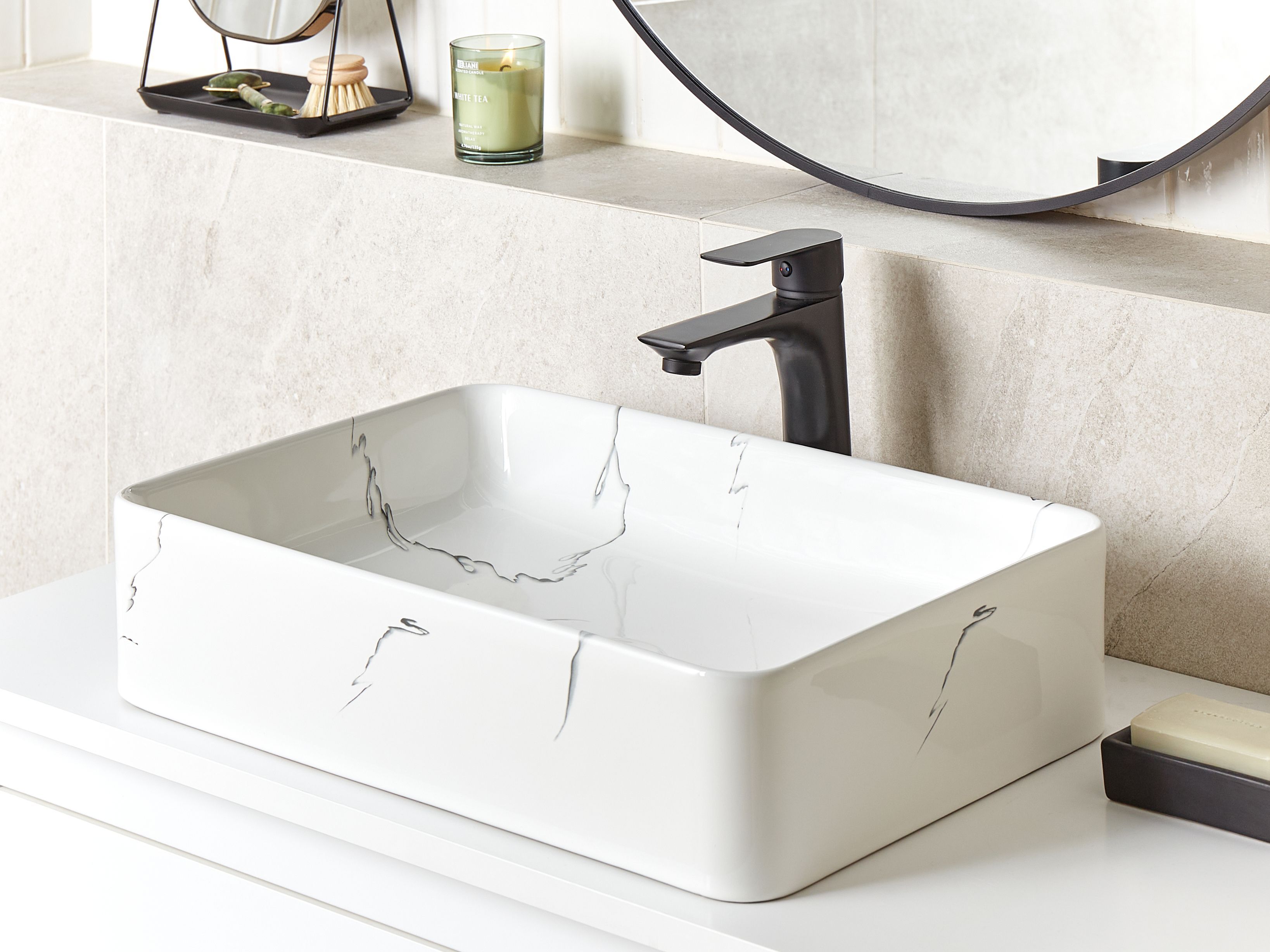 Ceramic Countertop Basin Marble Effect 510 x 340 mm White HOPI ...