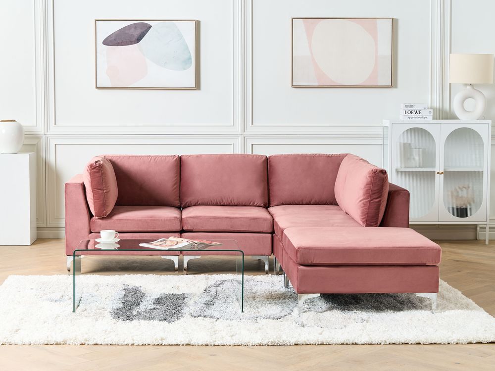 Left Hand 4 Seater Modular Velvet Corner Sofa with Ottoman Pink EVJA Beliani