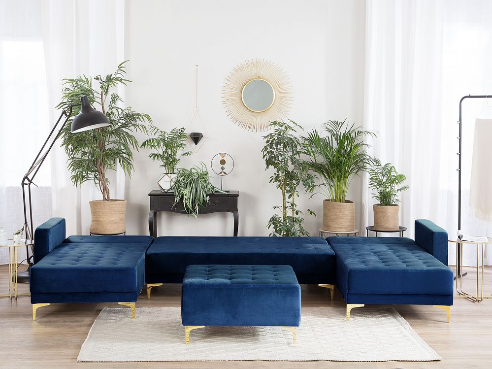 5 Seater U Shaped Modular Velvet Sofa with Ottoman Navy Blue ABERDEEN Beliani