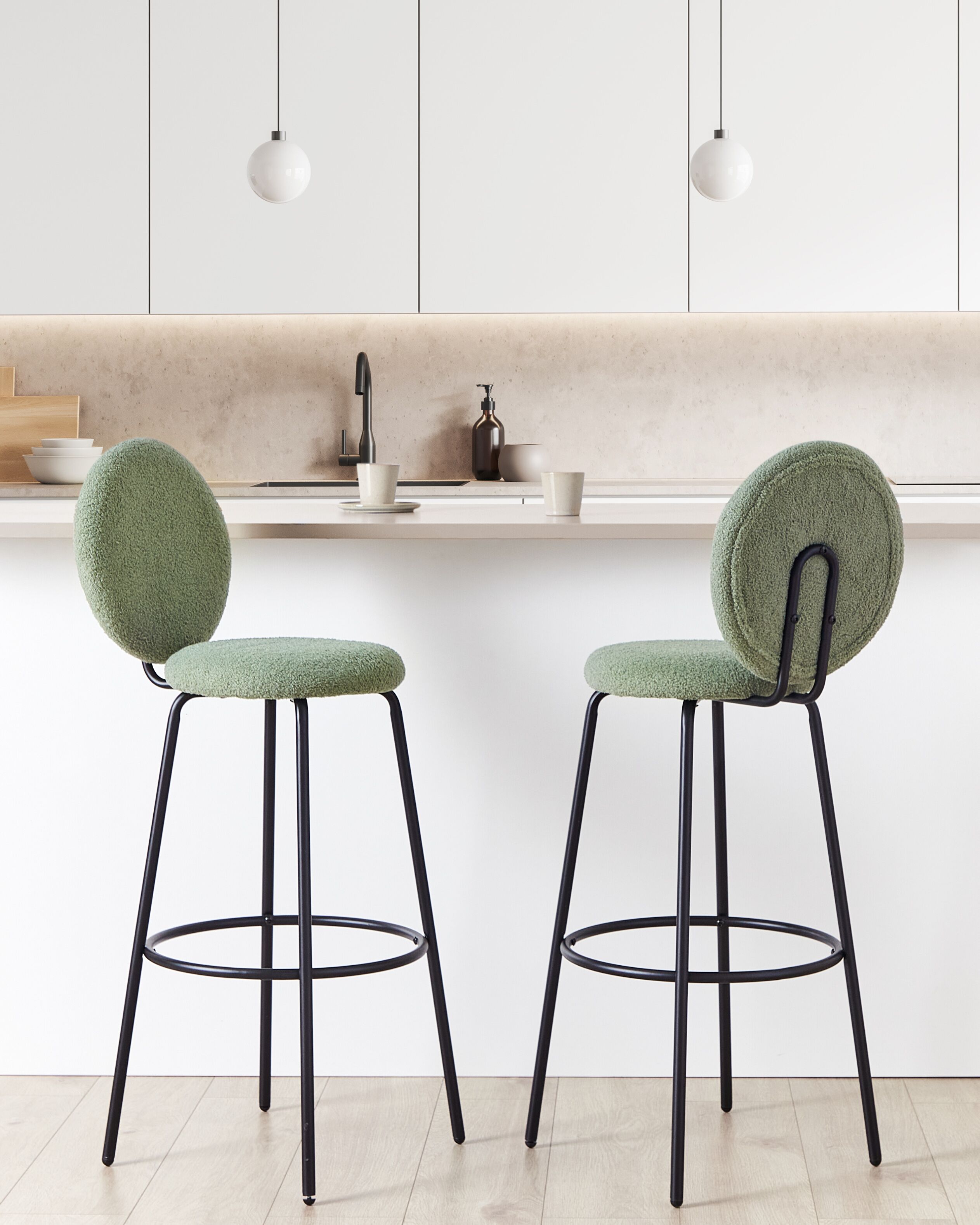 Set of 2 Bar Chairs EMERY Boucle Light Green | Beliani.co.uk
