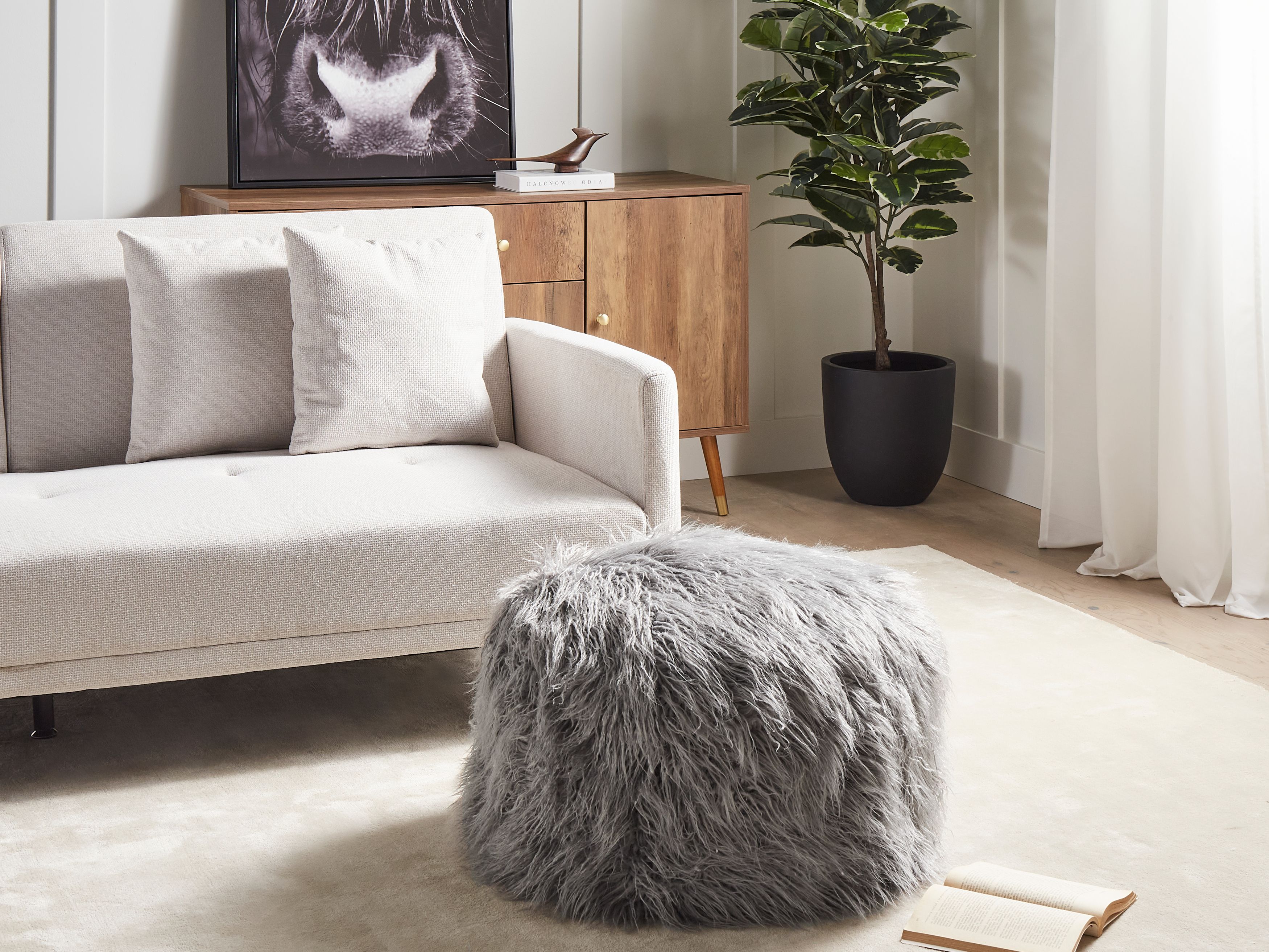 Pouffe TUKKI Faux Fur Grey 50 cm 50 cm 30 cm | Beliani.co.uk