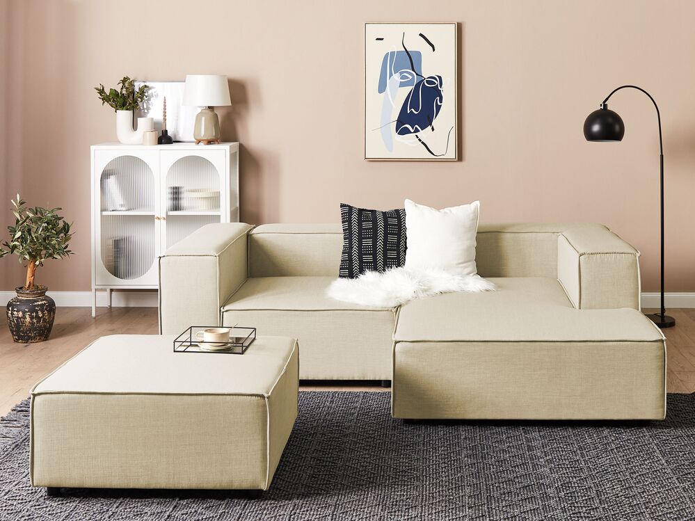 Corner Sofa Bed 3 Seater LUSPA Fabric Light Beige with Storage Right ...