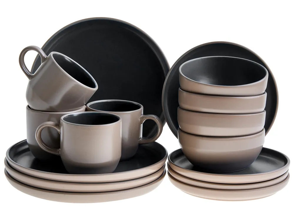 Set of 16 Dinnerware NUTMEG Stoneware Black/ Beige | Beliani.es